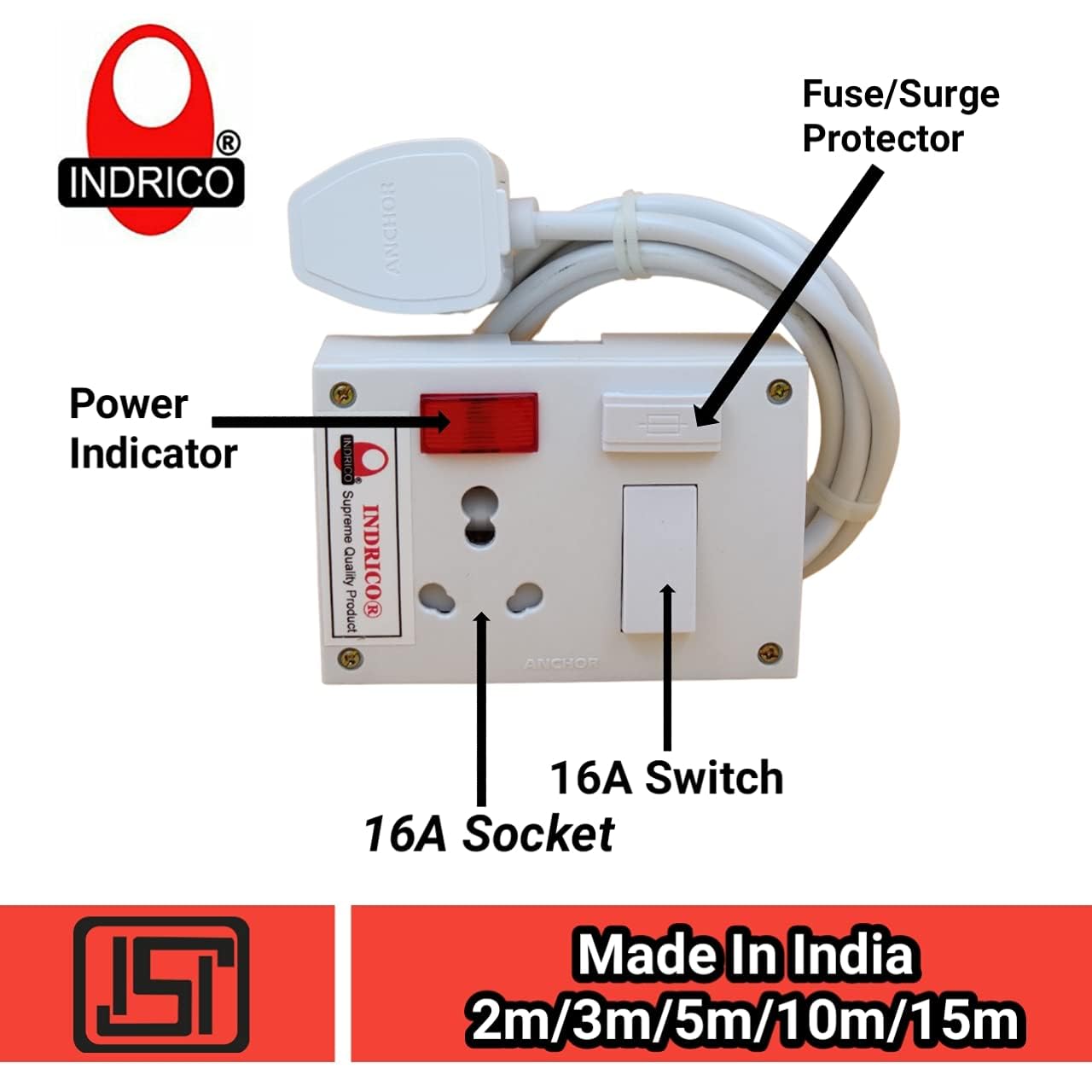 16Amp Heavy Duty Electric Extension Board with Switch White (Max. Load ...