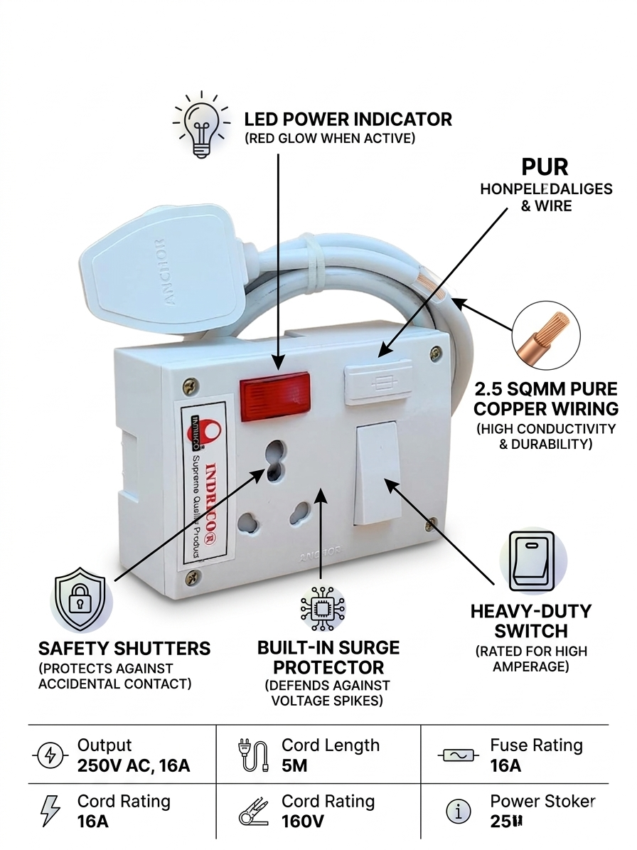 16Amp Heavy Duty Electric Extension Board with Switch White (Max. Load ...