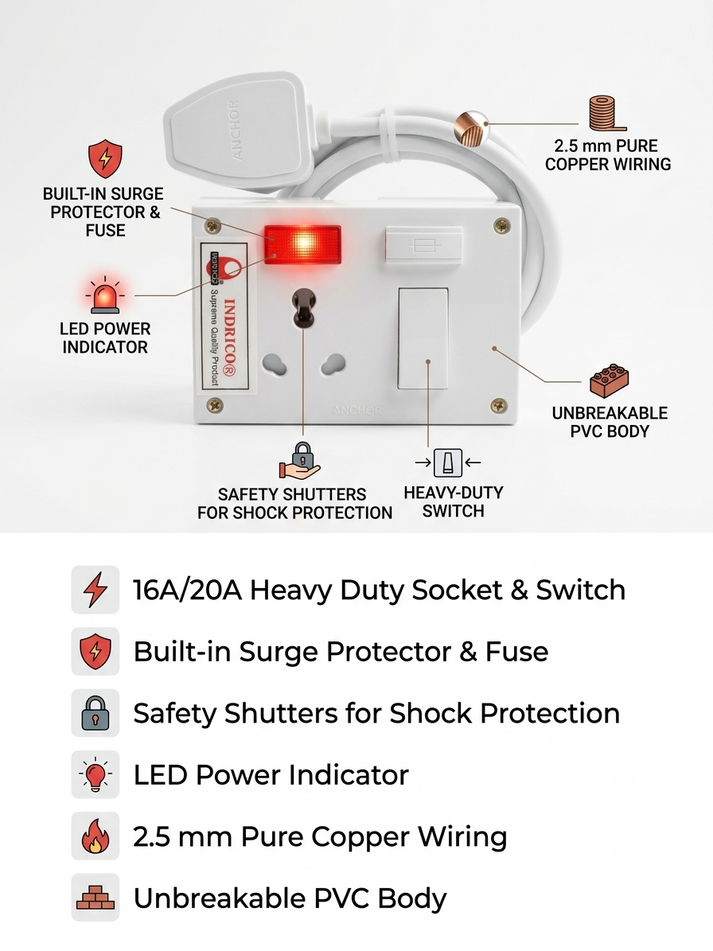 16Amp Heavy Duty Electric Extension Board with Switch White (Max. Load ...
